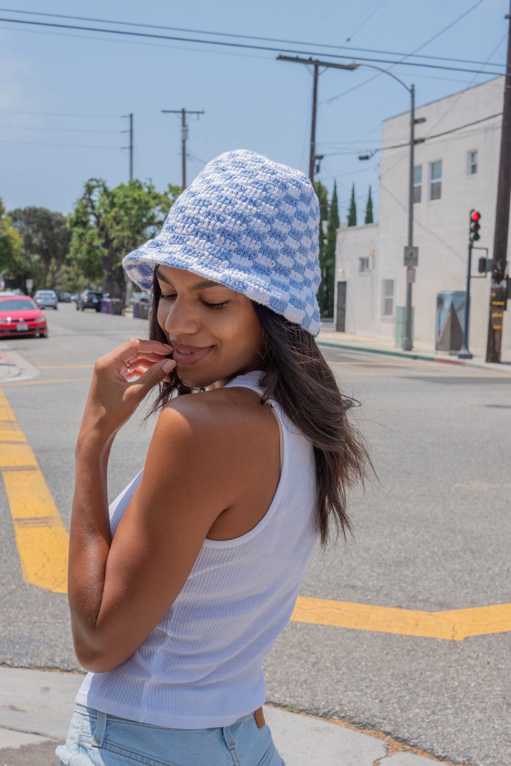 French Blue Checker Emilia Bucket — Prism Boutique